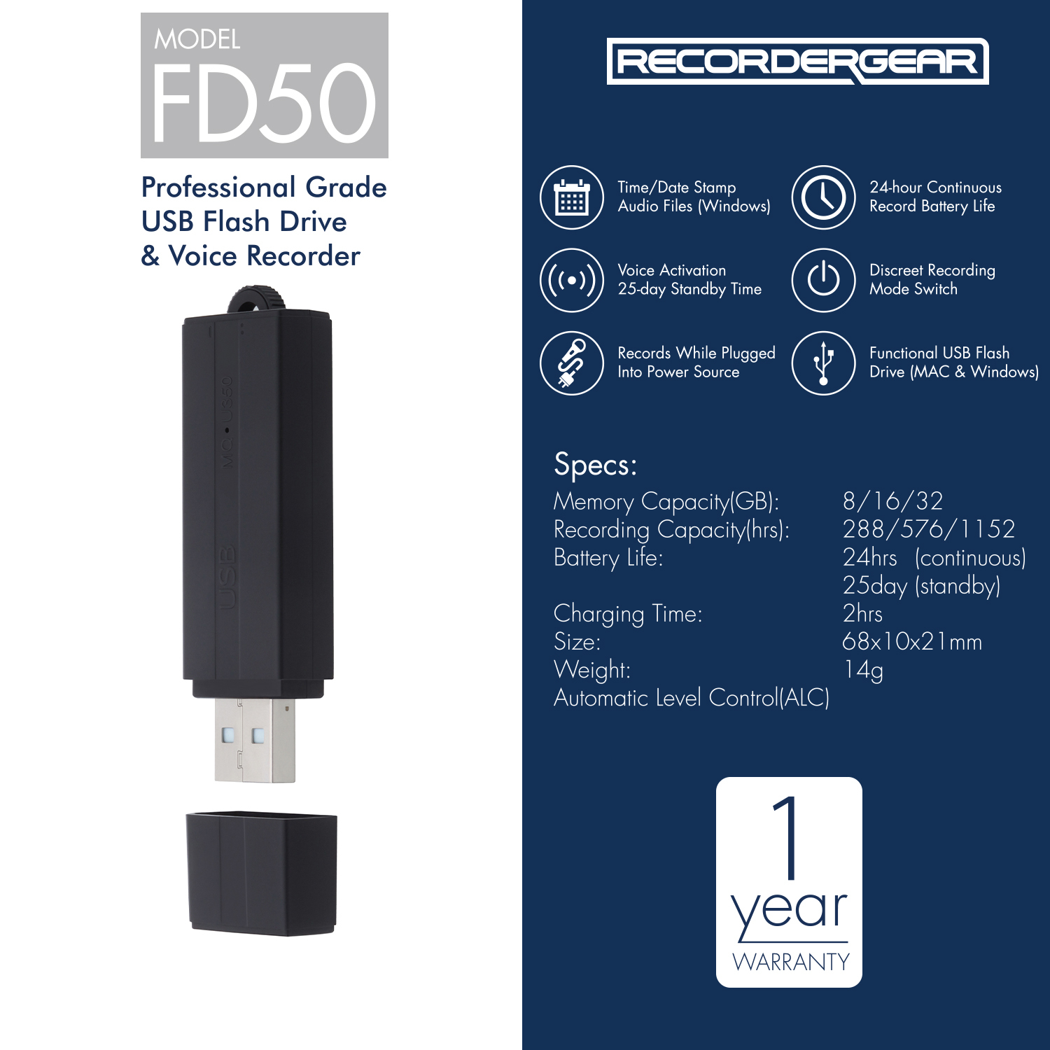 RecorderGear FD50 Professional USB Voice Activated Flash Drive Recorder ...