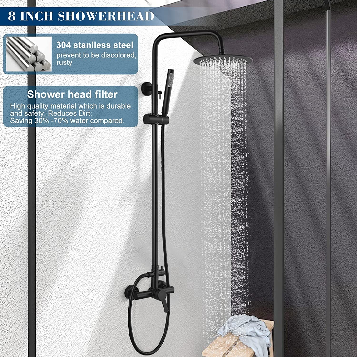 Exposed Black Shower Faucet Set 8" Rain Shower Head Combo System Shower ...