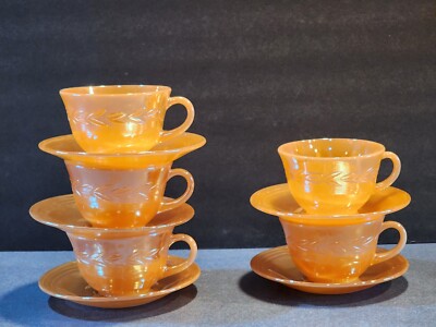 Anchor Hocking Fire King Cups Saucers Peach Lustre 5 Sets | eBay