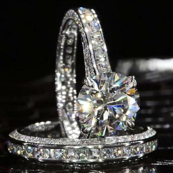 Three Side Round Cut Paved Wedding 2.10CT Ring Set in 935 Argentium ...