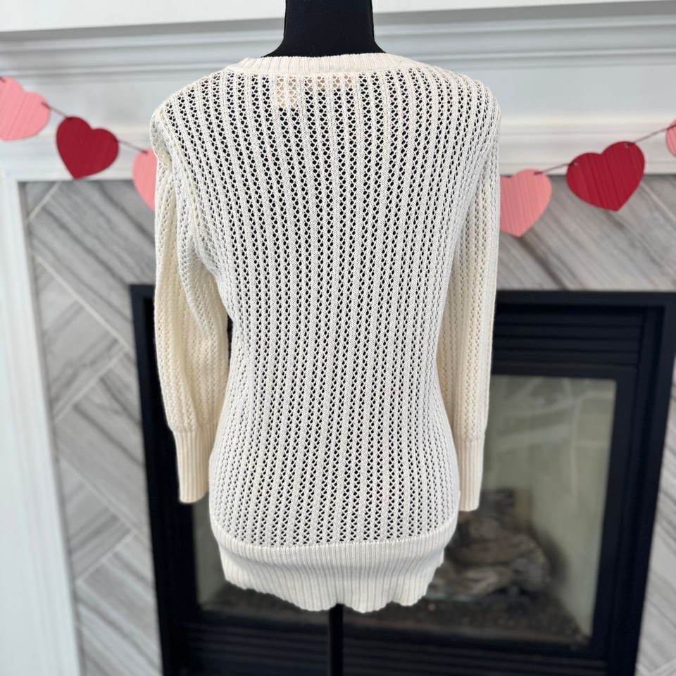 DKNY Cream Knit Henley Sweater Long Sleeve Button Front Ribbed Hem ...