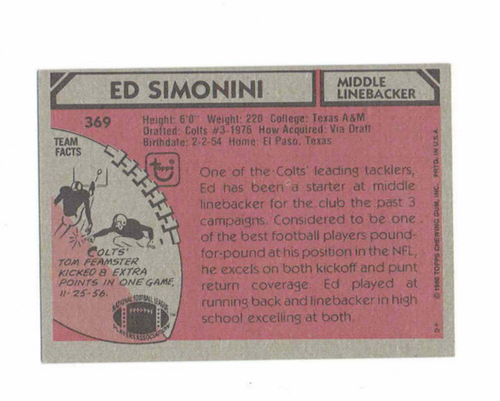 Ed Simonini Indianapolis Colts MLB #369 Topps 1980 #Football Card | eBay