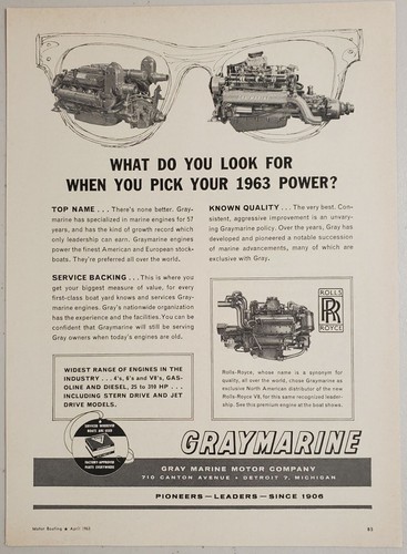 1963 Print Ad Graymarine Boat Motors Rolls-Royce Distributor Detroit ...