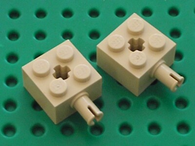 2 x LEGO Tan Brick Modified 2x2 Pin Axle Hole Ref 6232 Set 6208 10227 ...