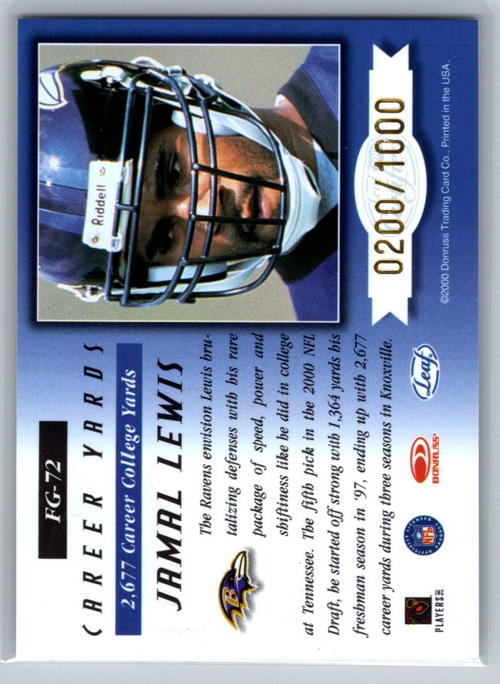 2000 Leaf Certified #FG-72 Jamal Lewis Fabric of the Game 0200/1000 ...