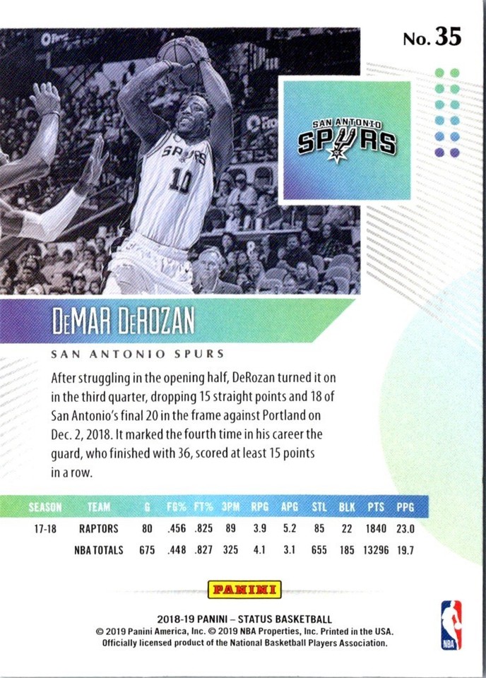 2019 Panini Certified DeMar DeRozan #35 San Antonio Spurs Basketball ...