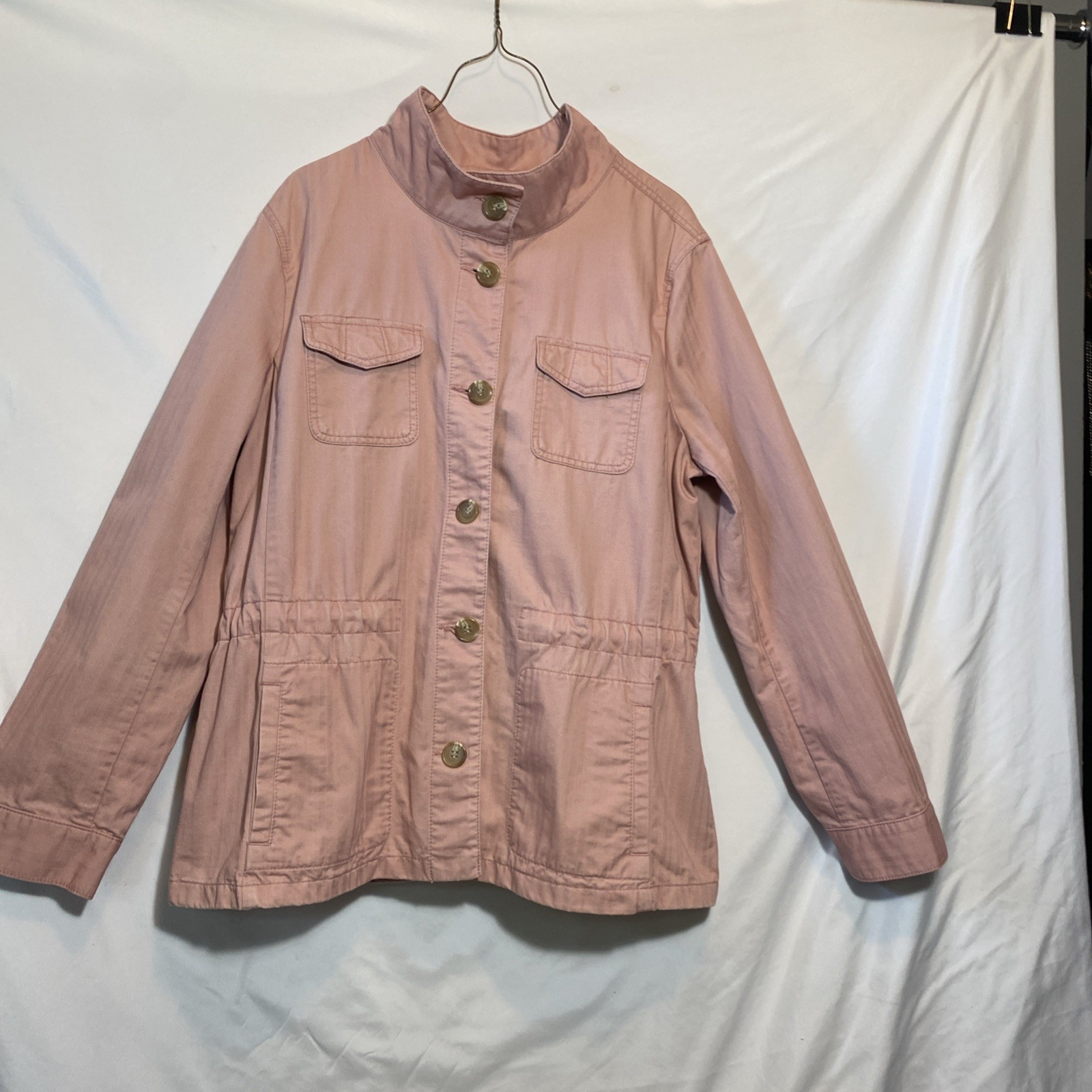 Talbots Gathered Waste Long Jean Jacket Pink Button U… - Gem