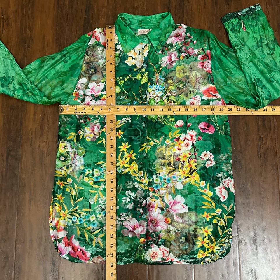 CIENNA Silk Shirt Womens Sz S Green Floral Button Up Roll Tab Sleeve ...