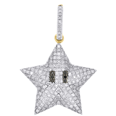 10K Yellow Gold Black Diamond Puff Dome Mini Star Pendant 1" Unisex ...