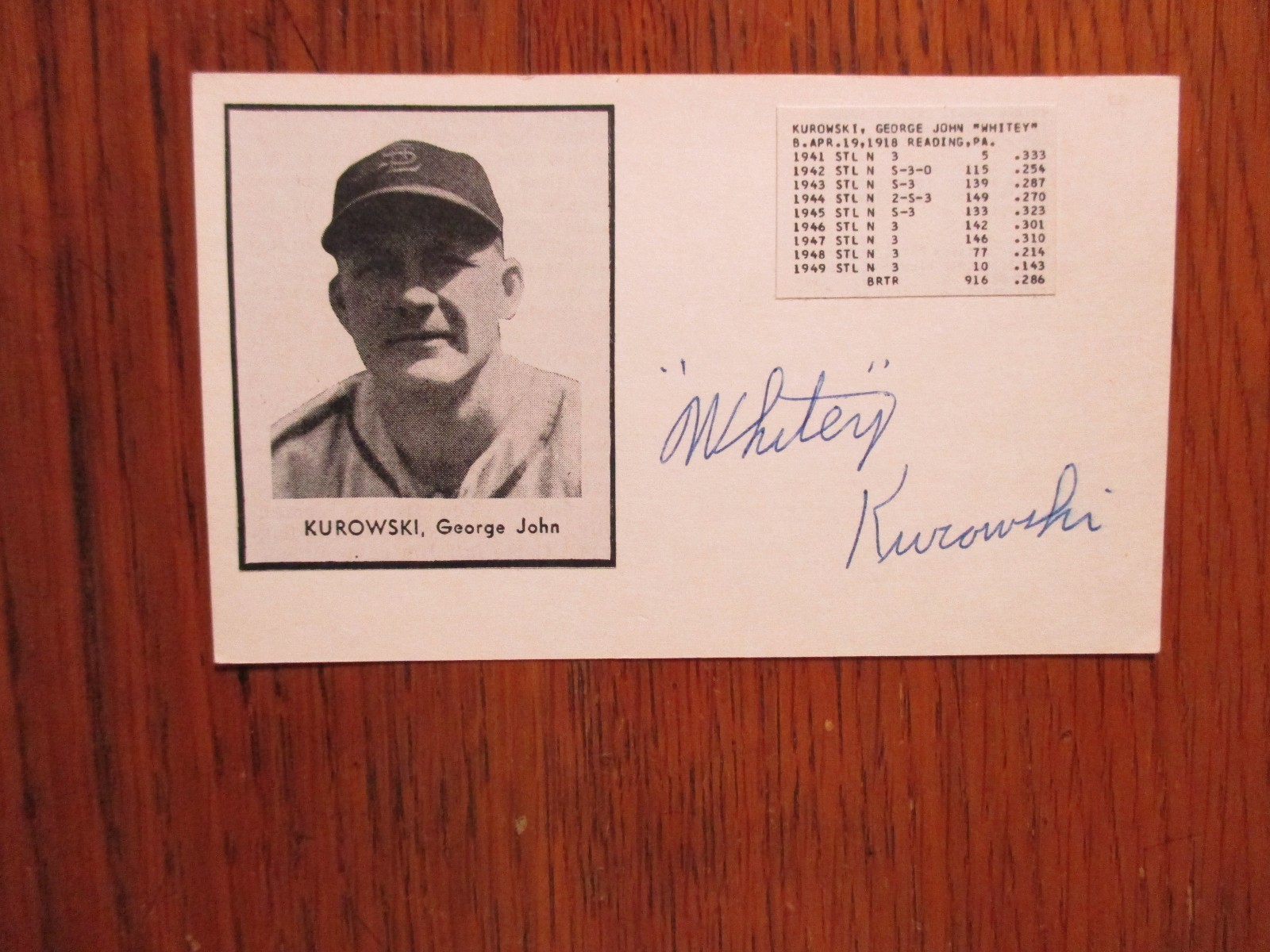 WHITEY KUROWSKI (Died in 1999) St. Louis Cardinals Signed 3 x 5 Photo ...