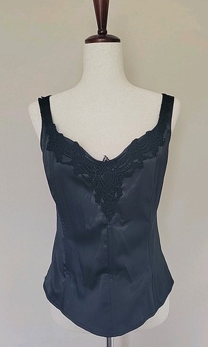 Morbid Threads Satin Corset Style Tank Top L Lace Trim Black Goth Fairy ...