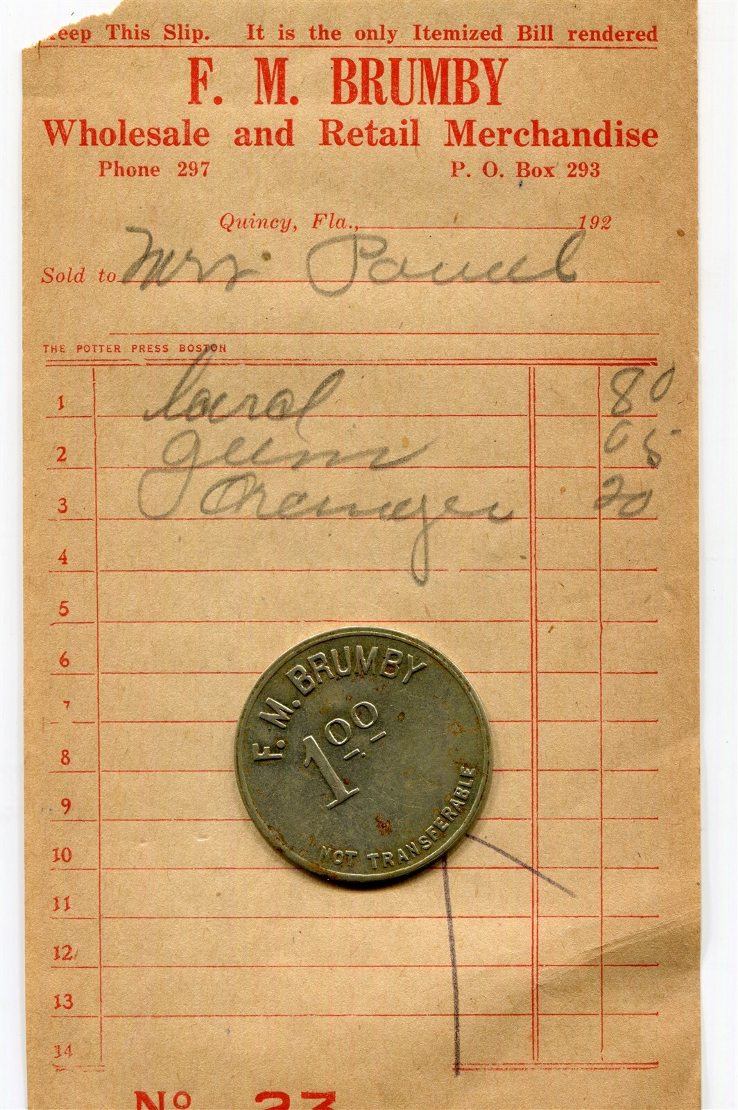 Florida, Quincy - F. M. Brumby $1 Token | eBay