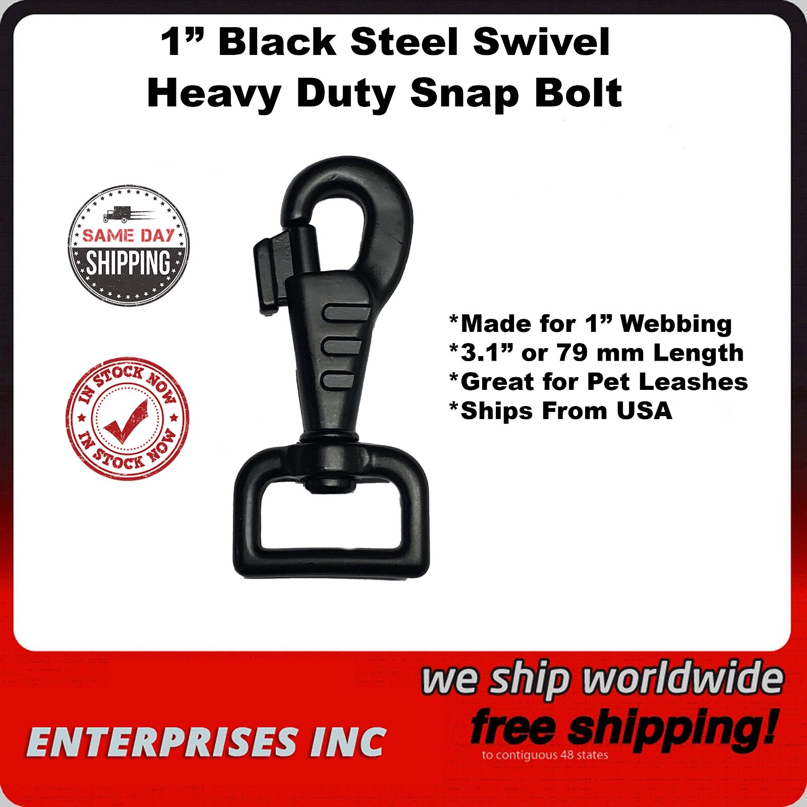 Snap Bolt 1" Black Steel Heavy Duty Swivel Snaphook 3" Length Ships ...