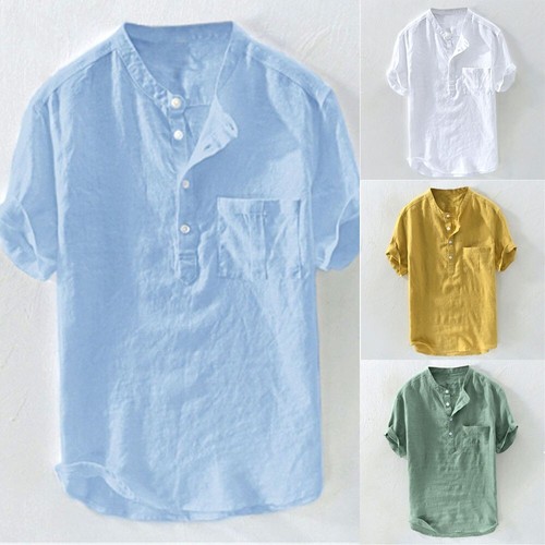 Tops L~3XL Shirts Short Sleeve Solid Color Top Collarless Dress Holiday ...