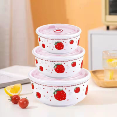 Cute 3pcs Strawberry Ceramic Food Soup Rice Bowl Storage Containers Set ...