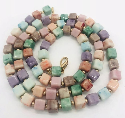 Long Pastel Mottled Square Glass Beaded Necklace 32 inches Vintage Jewelry | eBay