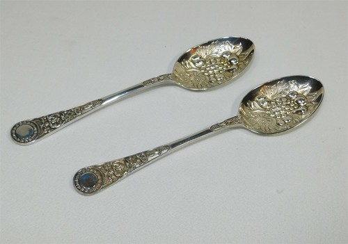 2 NOS Sheffield England Silverplate Serving Spoons Fruit Embossed ...