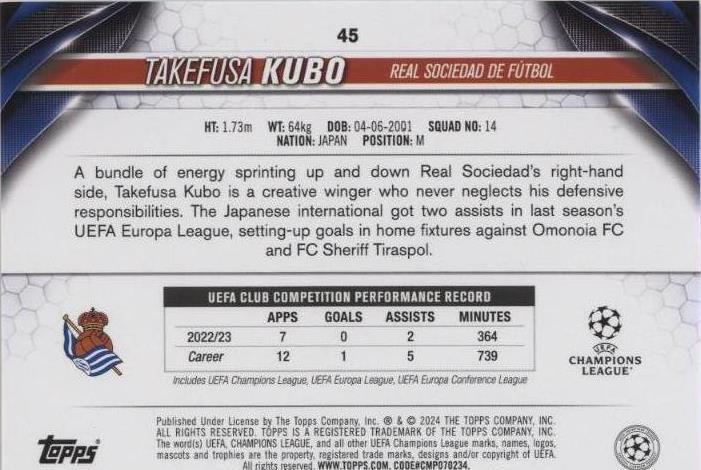 2023-24 Topps UEFA Club Competitions Takefusa Kubo #45 | eBay