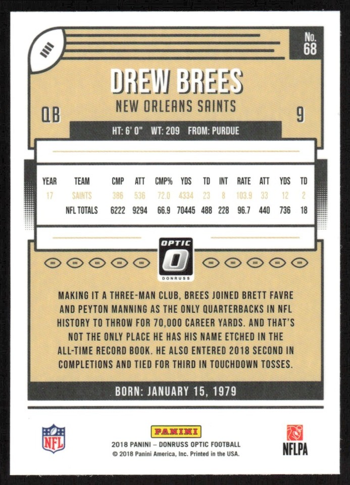 2018 Panini Donruss Optic Drew Brees #68 New Orleans Saints | eBay