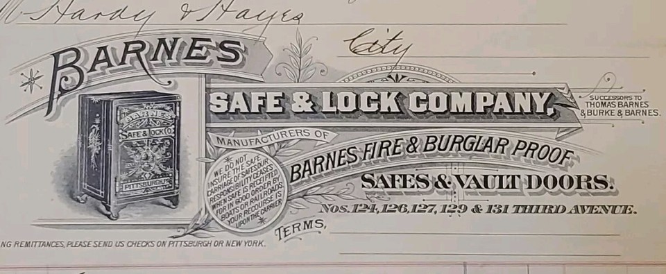 1895 Barnes Safe & Lock Co Billhead Receipt Pittsburgh Pennsylvania | eBay