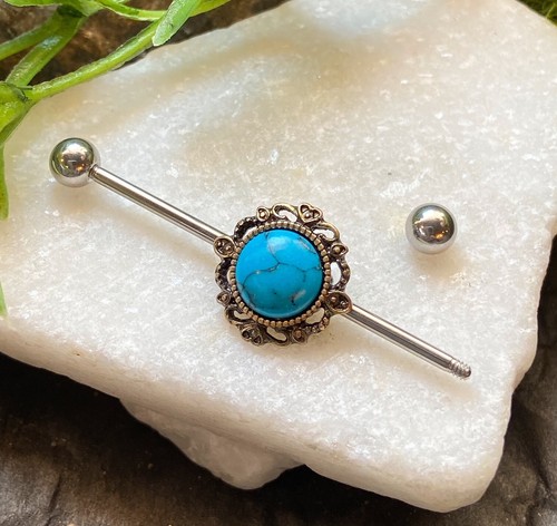 1pc Turquoise Lacey Filigree Industrial Barbell - choose Silver or Gold ...
