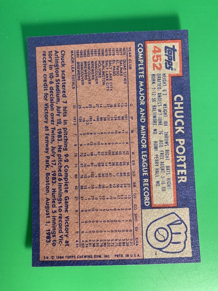 1984 Topps Chuck Porter #452 Milwaukee Brewers | eBay