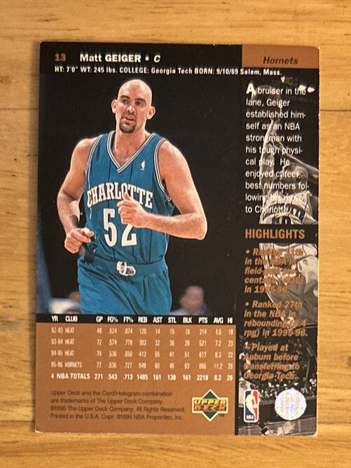 1996-97 Upper Deck Matt Geiger Basketball Card #13 Hornets Mid-Grade GD ...