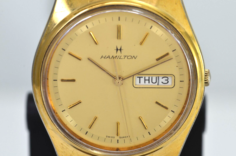 Vintage HAMILTON Champagne 9956 Swiss Made Quartz Gold tone Day Date ...