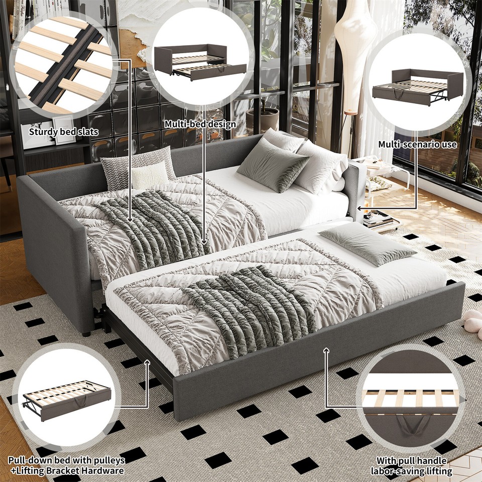 Daybed Linen Upholstered Bed 3ft Single Bed Frame with Trundle Bed ...