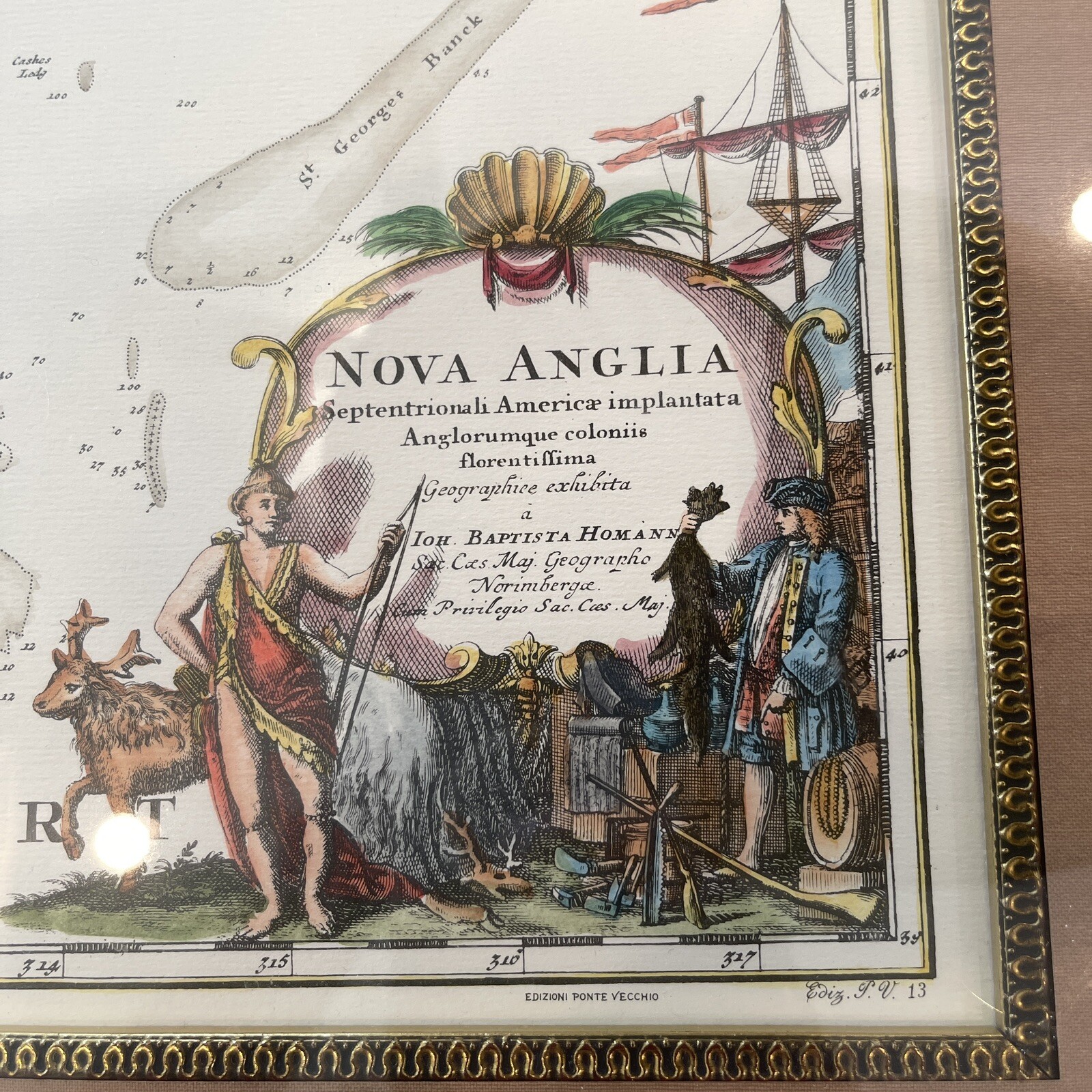 Framed 18th C. Johann Baptista Homann Nova Anglia Map of New England | eBay