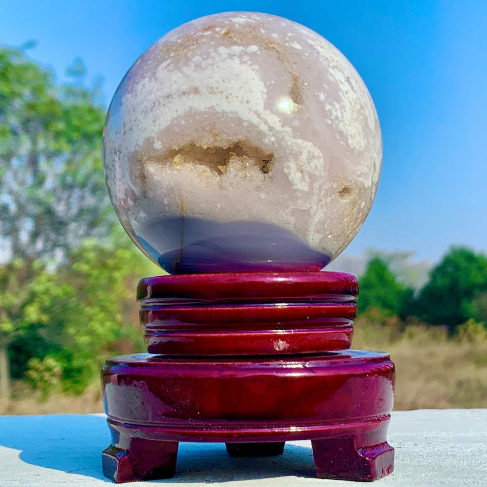 1.69LB Natural Blue Cherry Blossom Agate Geode Quartz Sphere Crystal ...