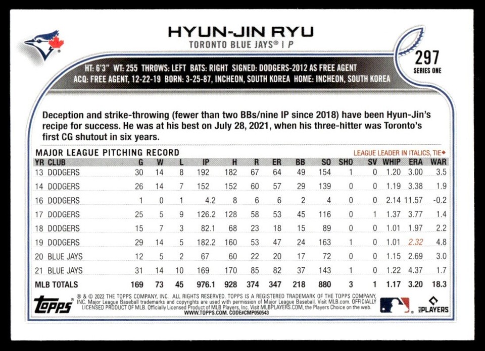 2022 Topps Baseball Card Hyun-Jin Ryu Toronto Blue Jays #297 | eBay