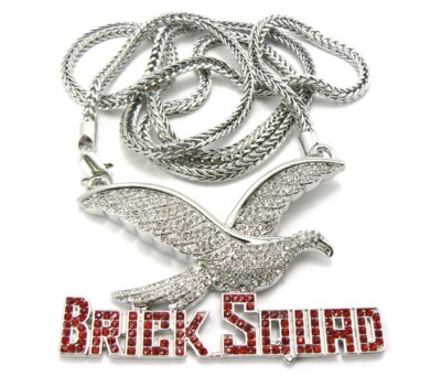 NEW MENS ICE BLING BRICK SQUAD PENDANT & 30" FRANCO CHAIN RHODIUM ...