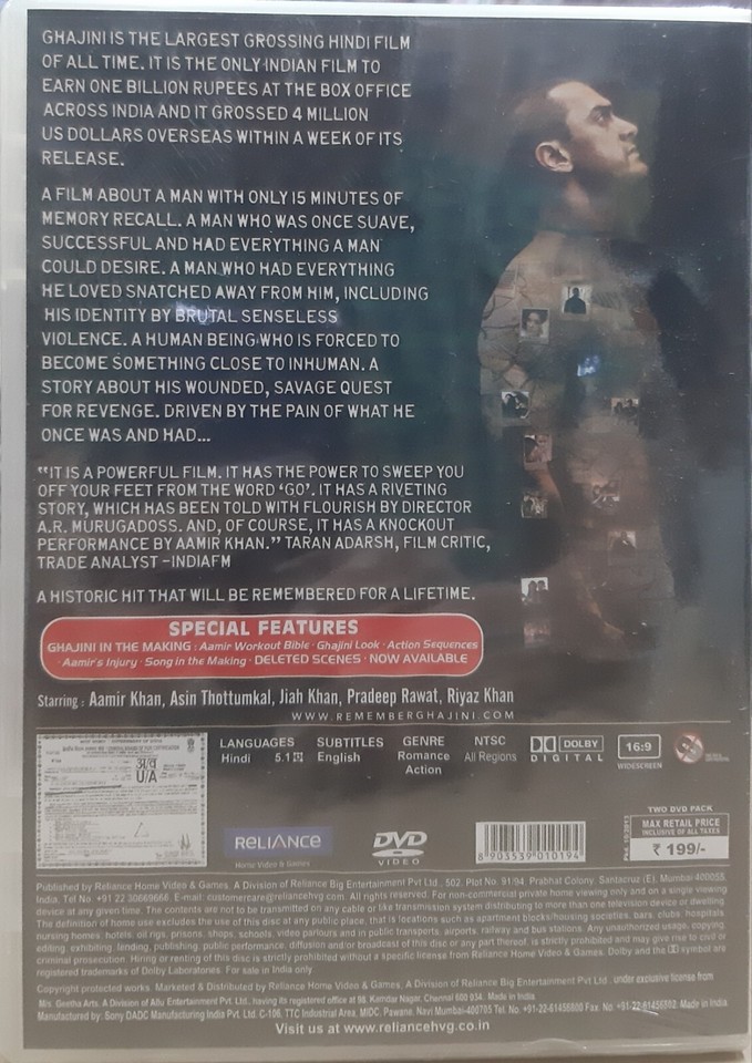 Ghajini - Aamir Khan - Bollywood Hindi Movie DVD (2-Disc Special ...