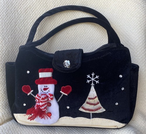 Winter Snowman & Christmas Tree Decorated Purse Handbag Black Sequin ...