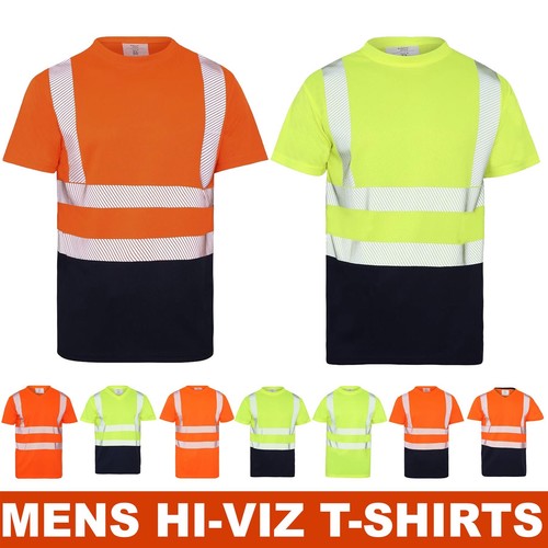 Hi Vis Viz Crew V-Neck T-Shirt Short Sleeves Safety Workwear 2 Tone ...