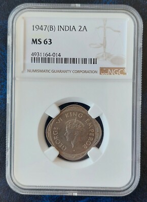 INDIA 2 ANNAS UNC COIN 1947 YEAR KM#542 GEORGE VI MS63 NGC GRADING ...