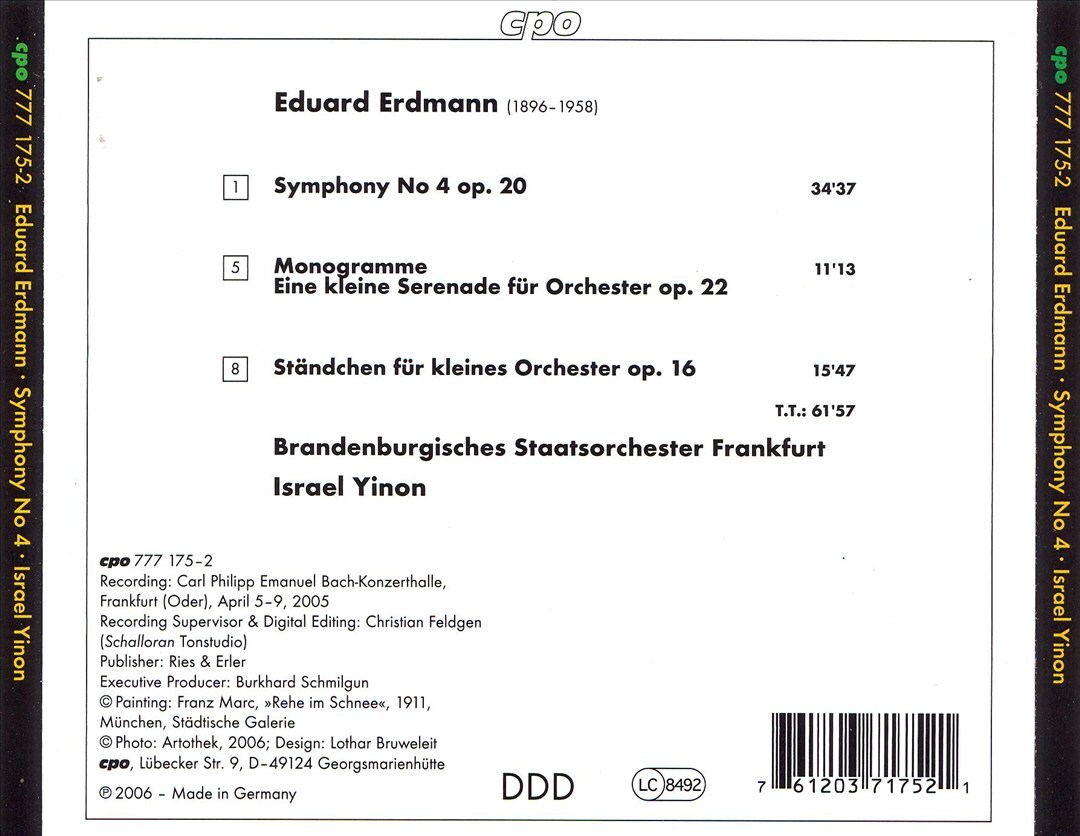 ISRAEL YINON EDUARD ERDMANN: SYMPHONY NO. 4 NEW CD 761203717521 | eBay