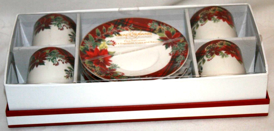 Grace TeaWare Poinsettia Plaid Holiday Espresso Cups & Saucers New in ...