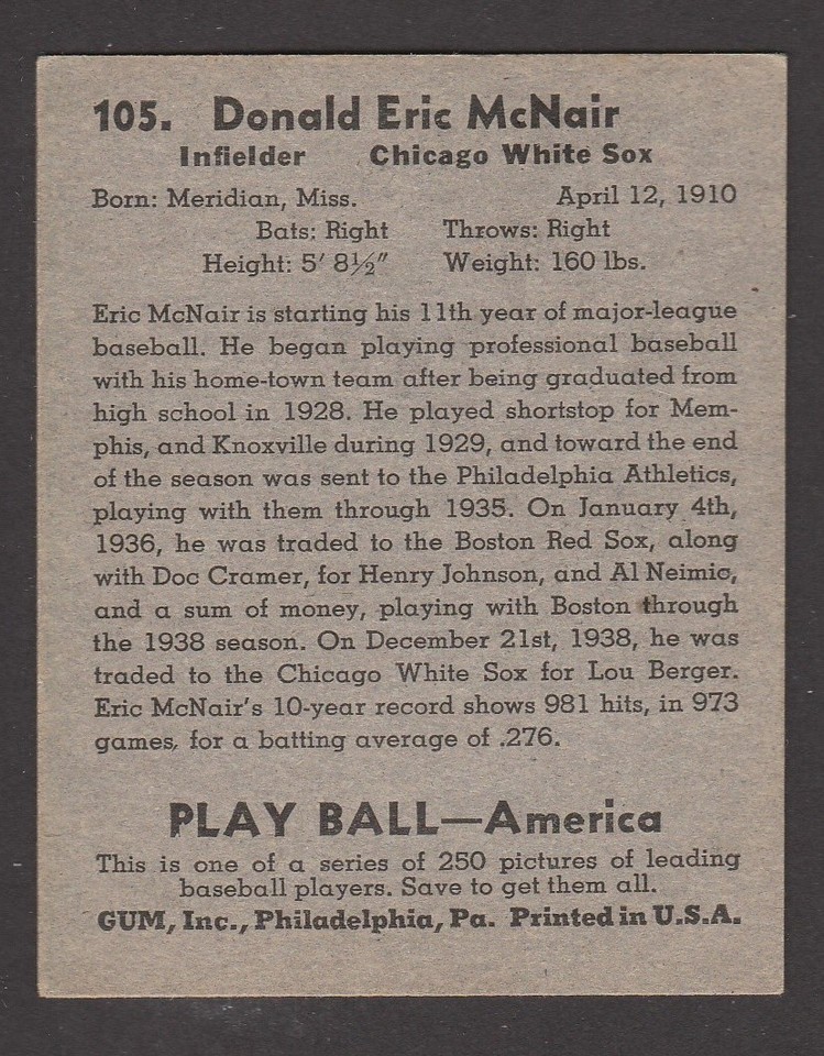 1939 PLAY BALL # 105 ERIC McNAIR RC INV J6108 | eBay