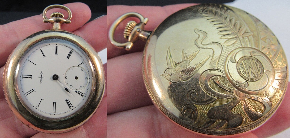 14k GOLD filled & 7J ELGIN NATL WATCH CO pocket 6s B&B ROYAL case 20yrs ...