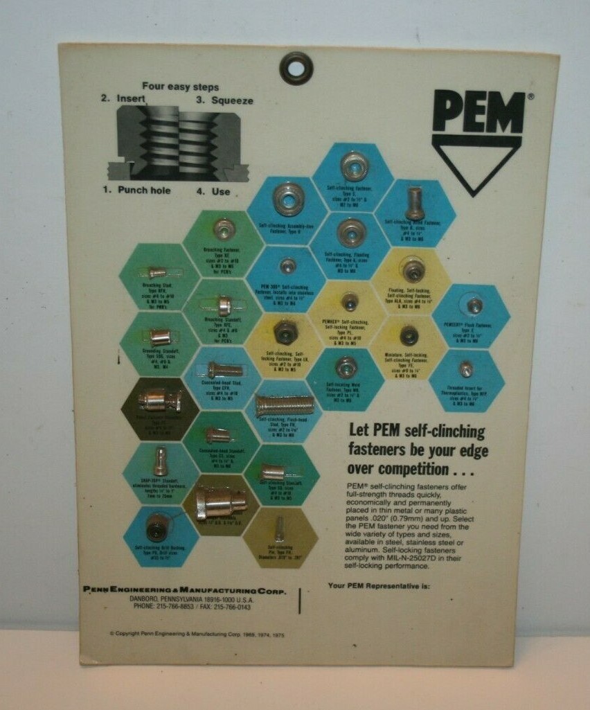 VTG 1975 PEM PENN ENGINEERING DISPLAY SALESMAN SAMPLE SELF-CLINCHING ...