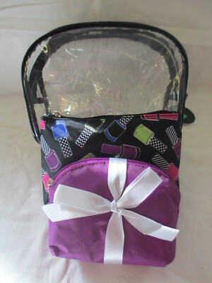 New MODELLA 3 Pc Makeup Bag Zip Top Cosmetic Bags Clear, Purple, Black ...