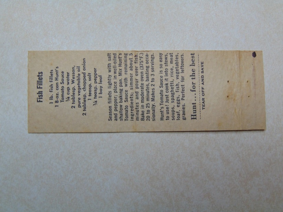 AP151 Matchbook Cover Hunts Tomato Sauce Fish Fillets | eBay