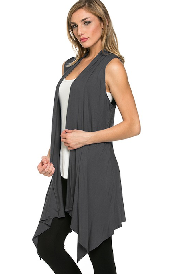 Womens Sleeveless Solid Cardigan Asymmetrical Hem Open Front Wrap Drape ...