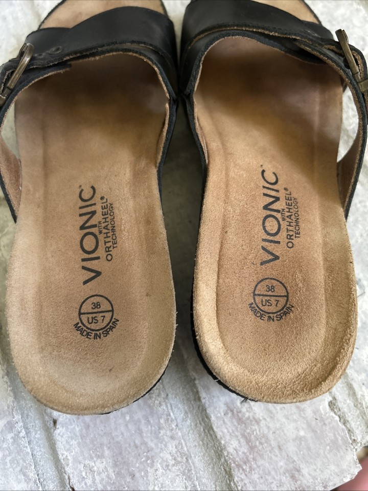 VIONIC Mallorca Womens 7 38 Black Leather Strap Cork Wedge Slip On ...