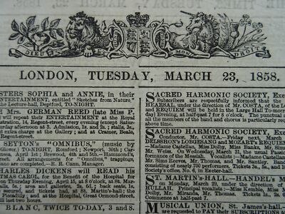 1858 THE LONDON TIMES Tuesday 23rd March 1858 Antique Victorian ...