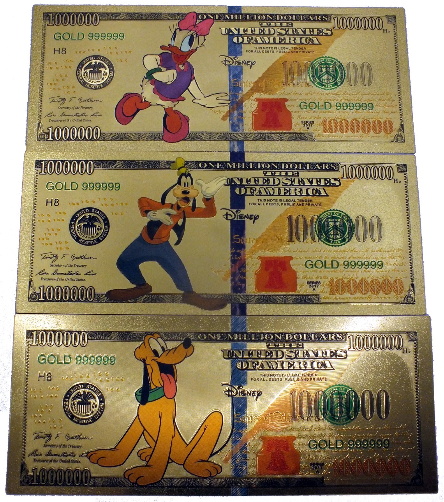 Mickey Mouse Minnie Daisy Donald Goofy Pluto Disney 24K Gold Foil Note ...