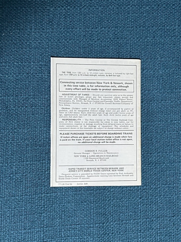 Vintage 1974 CNJ Penn Central North Jersey Coast Trains Timetable New ...