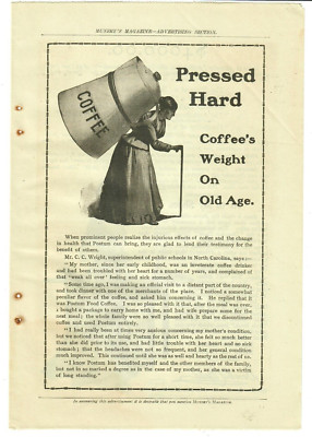 1902 Postum Antique Print Ad Coffee's Weight On Old Age Woman Giant ...